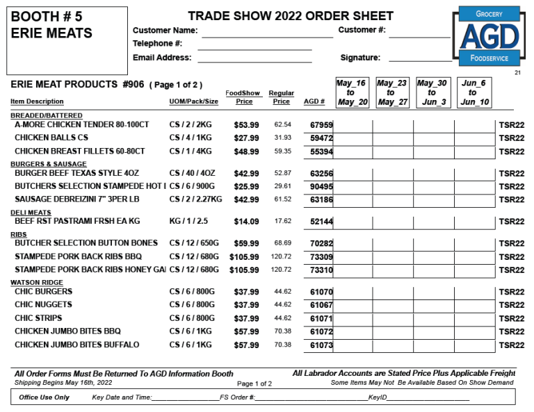 Order sheet 1 - Erie Meats
