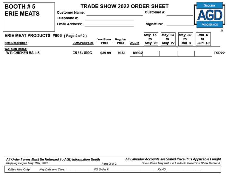 Order sheet 2 - Erie Meats